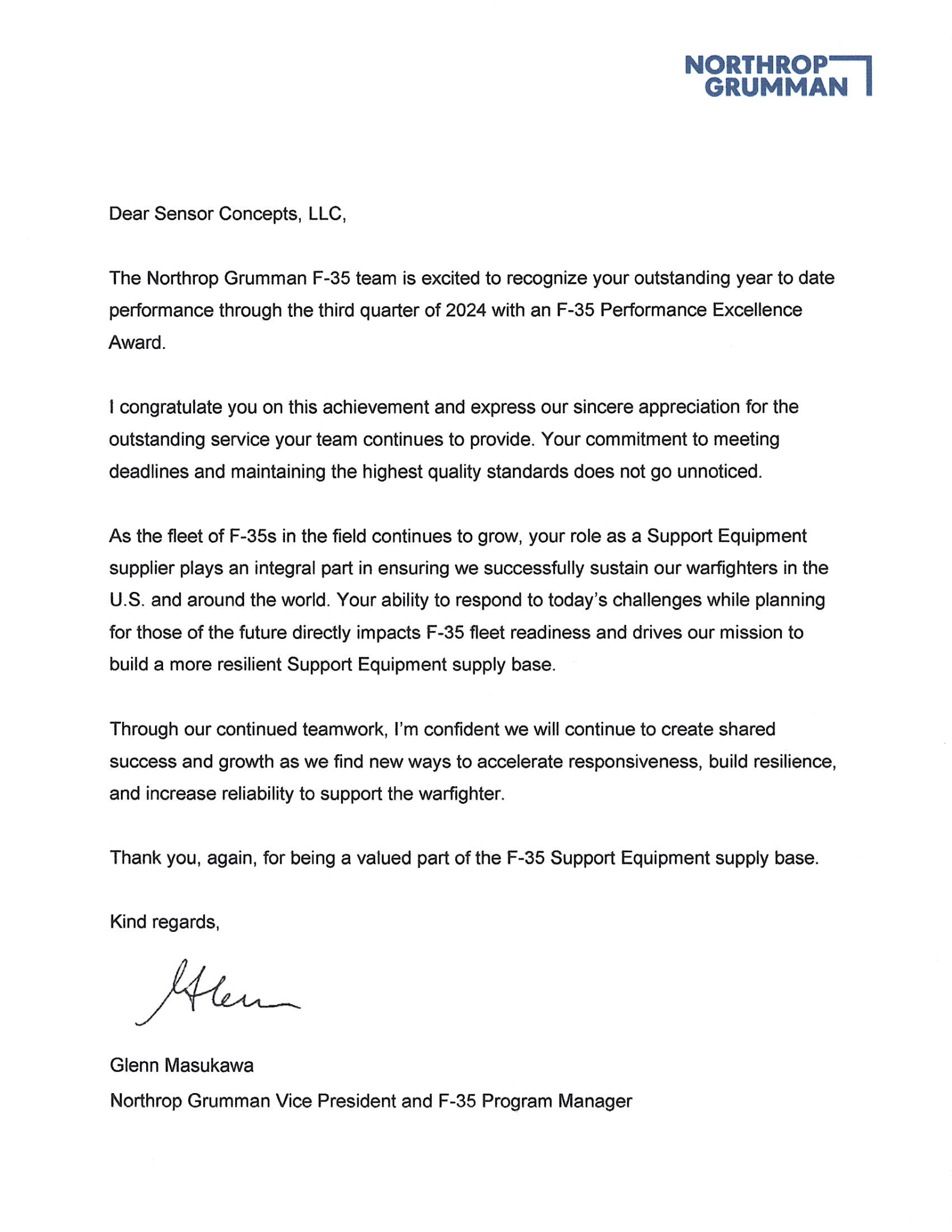 Sensor Concepts Recognized for Northrop Gruman Award